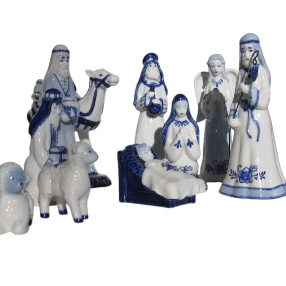 Kurt Adler | Holiday | Kurt Adler Blue White Pc Nativity Set Delft ...